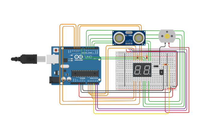 Circuit design Ultrasonic Sensor with 7 segment display - Tinkercad