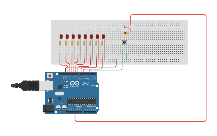 Circuit design Binary count up - on button - Tinkercad