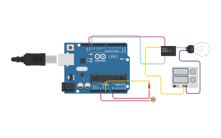 Circuit design 5)controlling rellay with arduino and ldr | Tinkercad