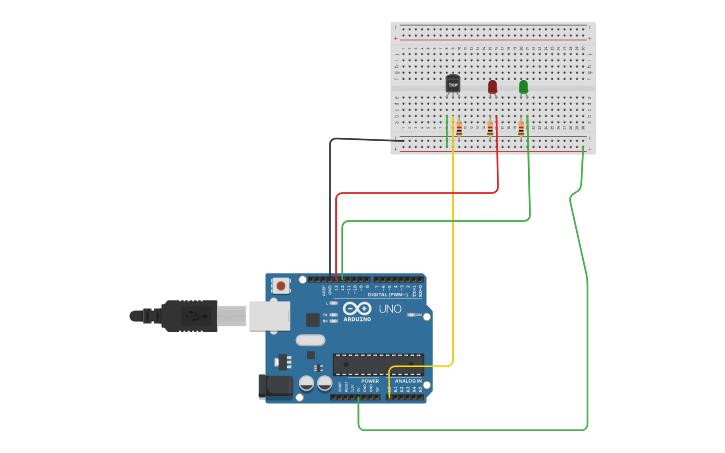 Circuit design sensor de temperaturas con 2 leds - Tinkercad