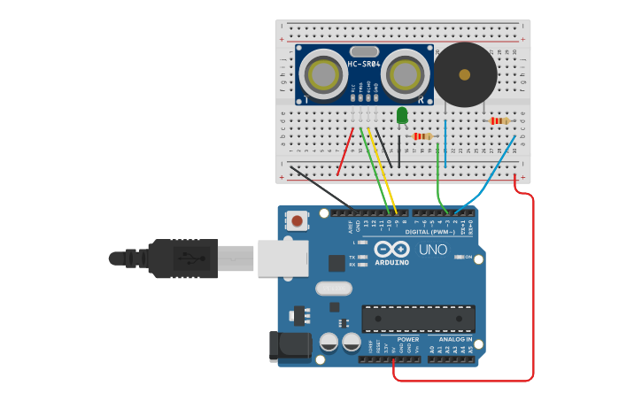 Circuit design Medidor de distancia con sensor ultrasónico - Tinkercad Circuit design Medidor de distancia con sensor ultrasónico - Tinkercad