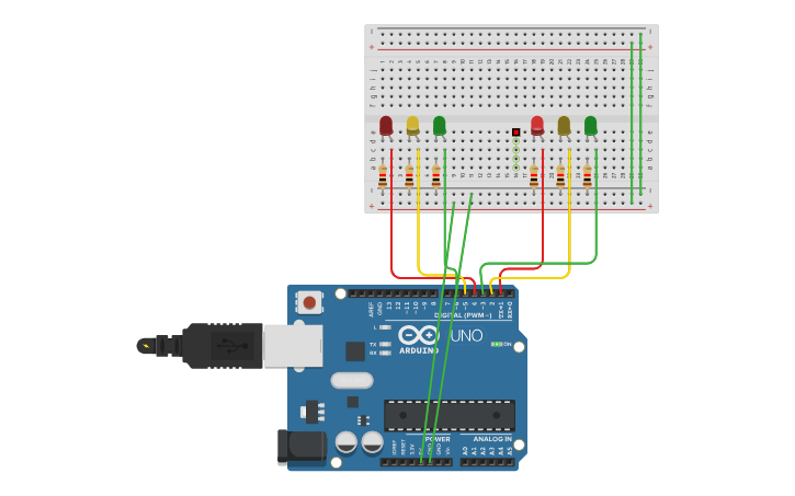 Circuit design SECUENCIA 2 SEMAFOROS - Tinkercad