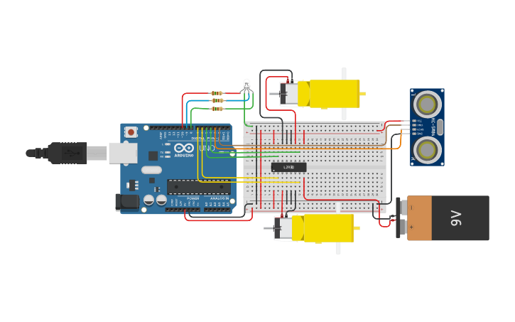 Circuit design Copy of Circuito sensor ultrasónico 4 - Tinkercad Circuit design Copy of Circuito sensor ultrasónico 4 - Tinkercad