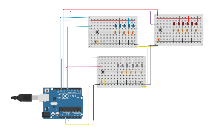 Circuit design Copy of 18 leds + 3 botones | Tinkercad