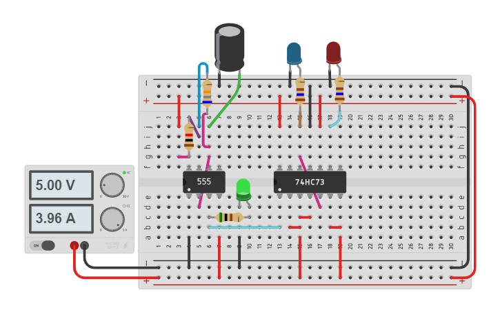 Circuit design ISELI || 555 e 7473 v2 - Tinkercad