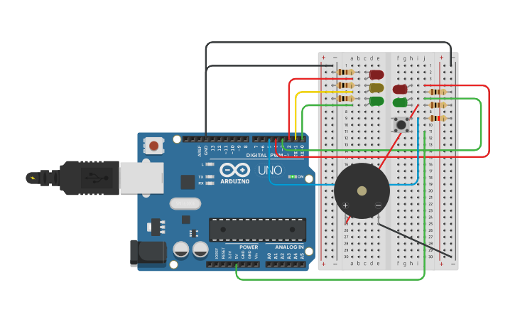 Circuit design Traffic Light + Pedestrians Button - Tinkercad