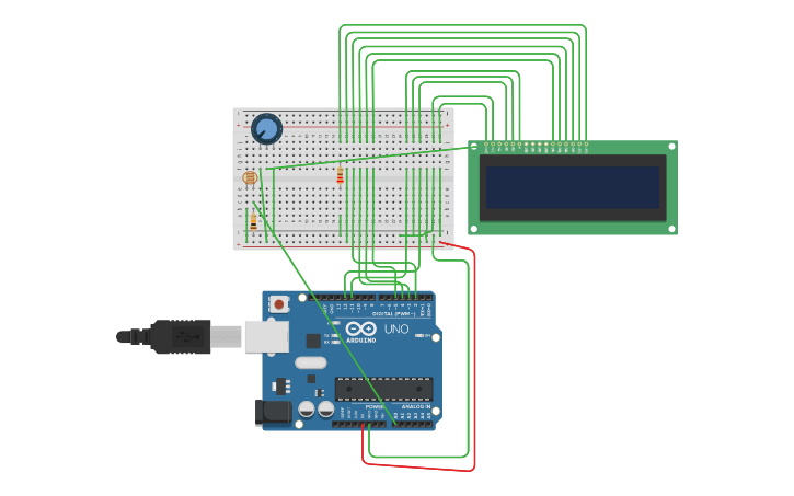 Circuit design LDR + LCD | Tinkercad