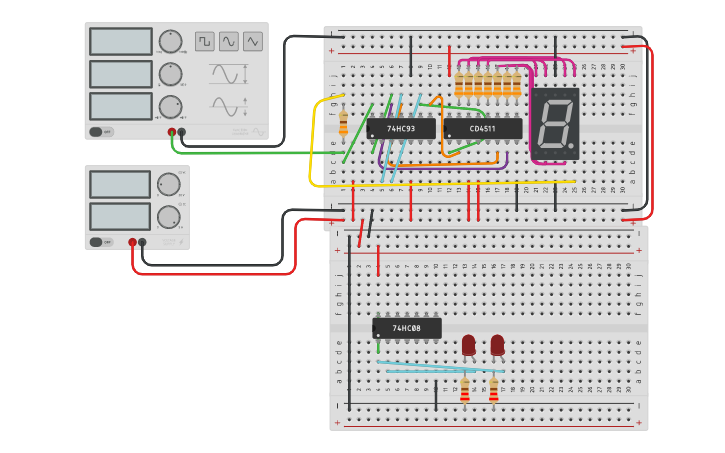 Circuit design Contador 7493 en 4511 - 7 segment - Tinkercad