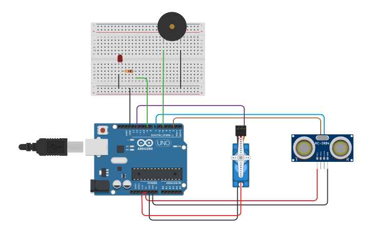 Circuit design Latihan 1 - Bagian 4 - Sensor Ultrasonik, LED, Servo ...
