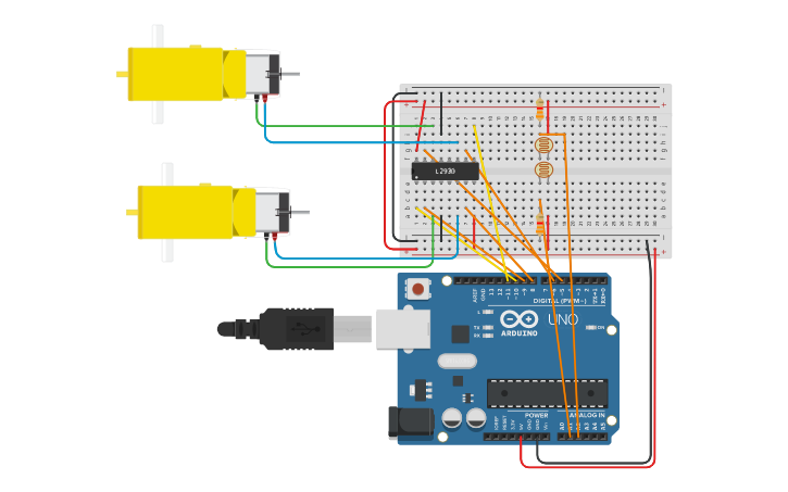 Circuit design Arduino H-Bridge and 2 motors and LDRs - Tinkercad