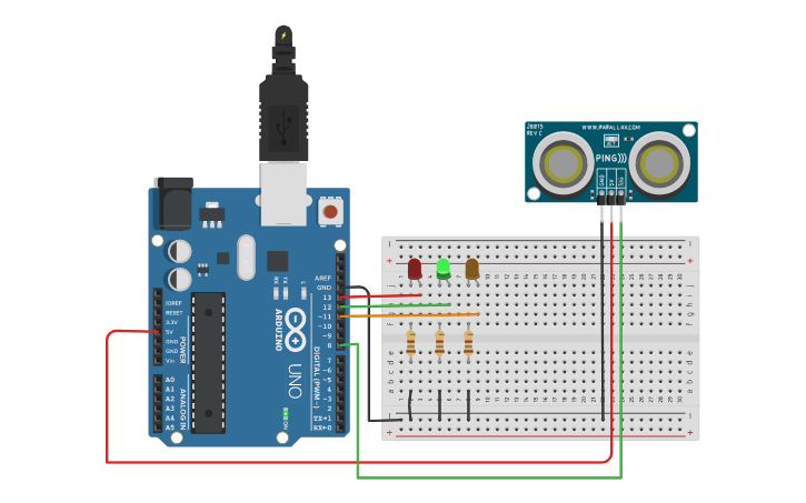 Circuit design 5. PROYECTO: SENSOR ULTRASONIDO 3 PINES | Tinkercad