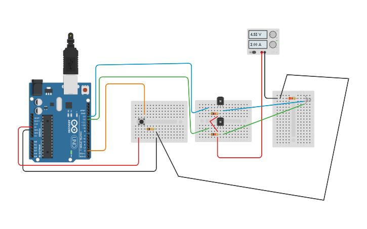 Circuit design Led RGB + Fonte 12 V + Transistor - Tinkercad