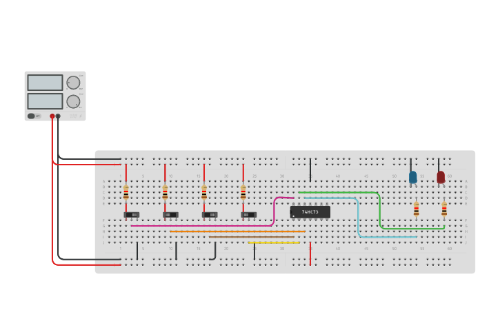 Circuit design Rangkaian J-K-F-F dengan IC 7473 - Tinkercad Circuit design Rangkaian J-K-F-F dengan IC 7473 - Tinkercad