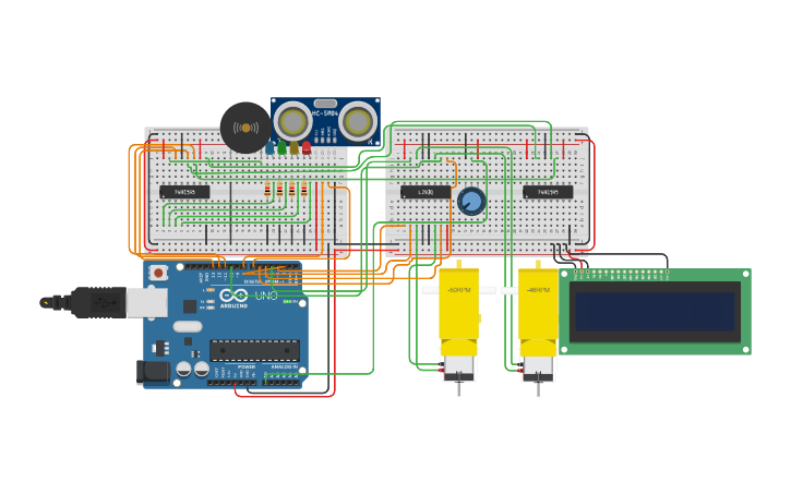 Circuit design Sensor Jarak Dengan Lampu LED dan Warning Suara - Tinkercad