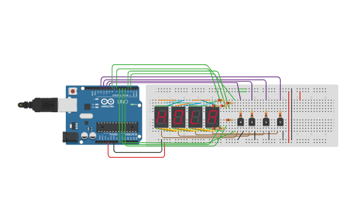 Circuit design HOLA CON 4 DISPLAY DE 7 SEGMENTOS - Tinkercad
