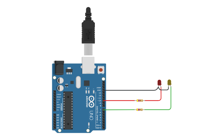 Circuit design Aula 08/04 Arduino pisca 2 leds | Tinkercad