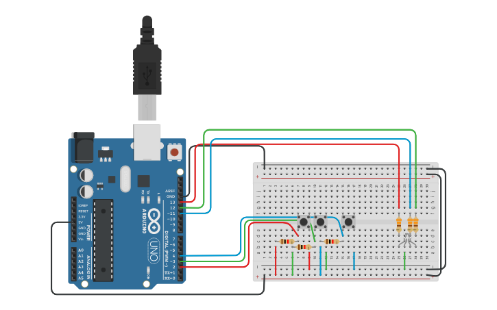 Circuit design 3 Buttons-LED (63070160) - Tinkercad