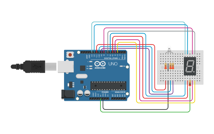Circuit design Tarea - Led RGB y Display de 7 segmentos - Tinkercad