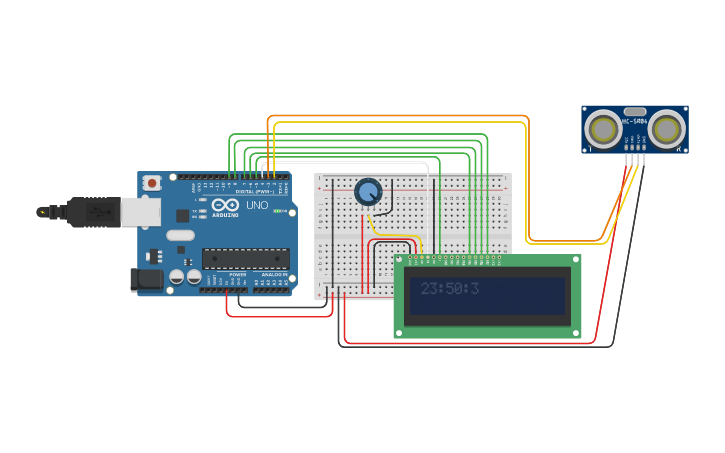 Circuit Design Copy Of ДЗ 9 УЗ датчик с дисплеем заготовка Tinkercad