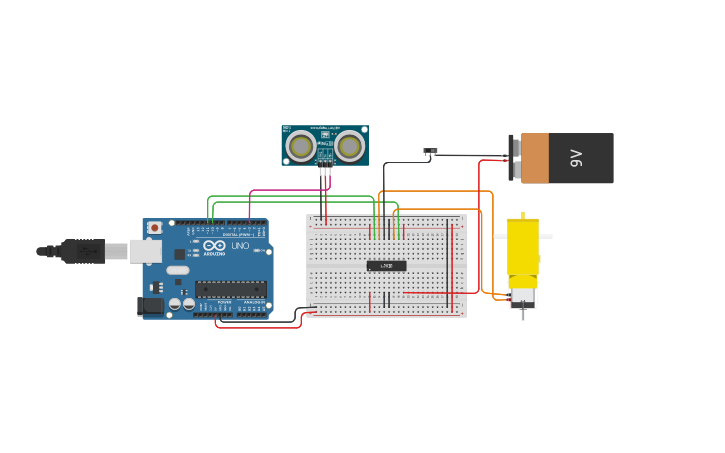 Circuit design ultrasonic sensor and hobby gear | Tinkercad