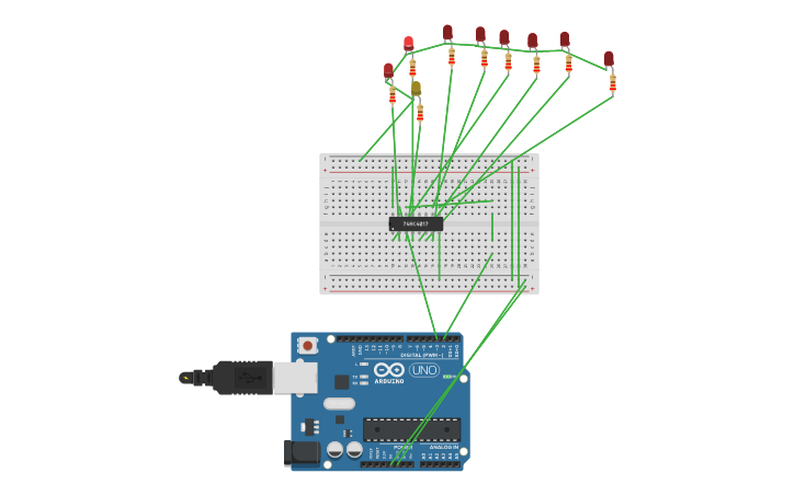Circuit design 74HC4017 decade counter | Tinkercad