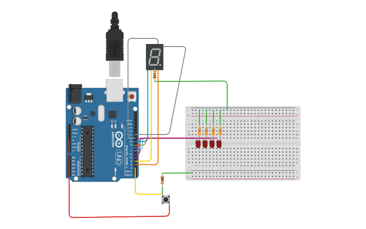 Circuit design Contador Binario con Display - Tinkercad