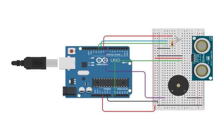 Circuit design sensor jarak+buzzer - Tinkercad