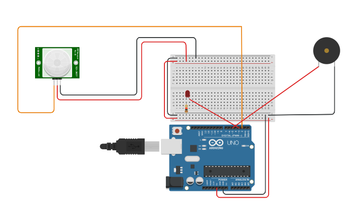 Circuit design Alarma con sensor de movimiento con LED - Tinkercad