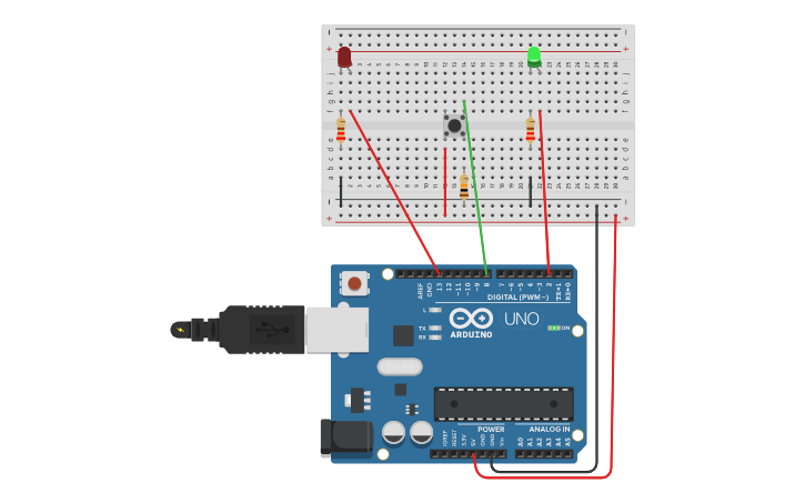 Circuit design 2 led with button - Tinkercad