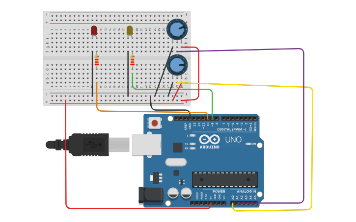 Circuit Design 2 Led Comandati Da Potenziometri Tinkercad