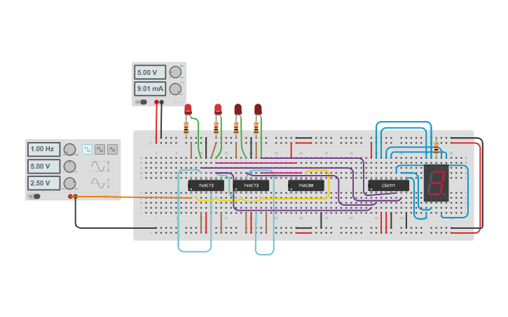Circuit design Asynchrounous BCD counter using JKFF - Tinkercad