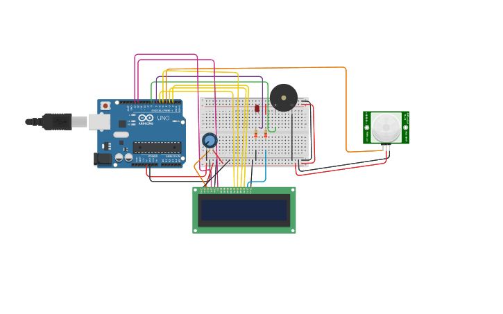 Circuit design theft alarm made with arduino and pir sensor - Tinkercad