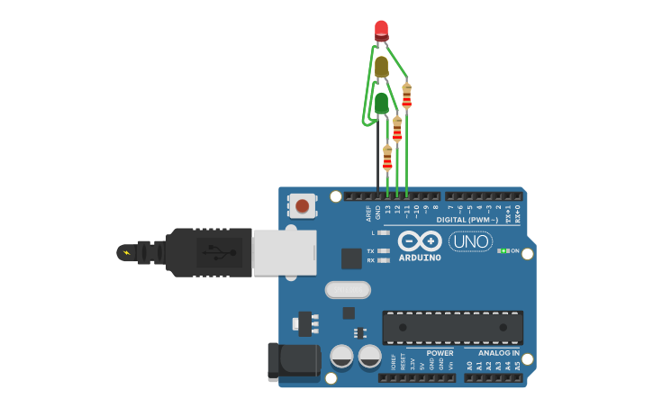 Circuit design Semáforo (Arduino Uno R3) | Tinkercad