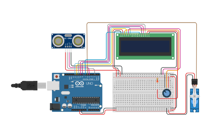 Circuit design Smart Trash Bin with LCD Monitor - Tinkercad