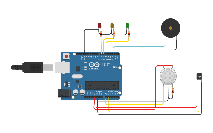 Circuit design sensor suhu dan gas - Tinkercad