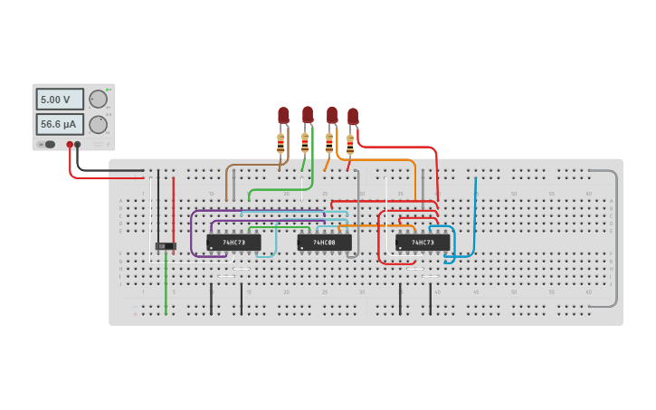 Circuit design 4 bit synchronous counter using JK flip flop - Tinkercad