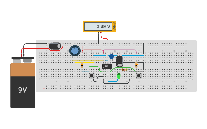 Circuit Design Timer 555 Modo Monoestável V2 Tinkercad