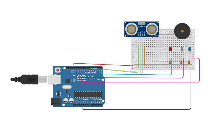 Circuit design Copy of sensor de distancia con sonido | Tinkercad