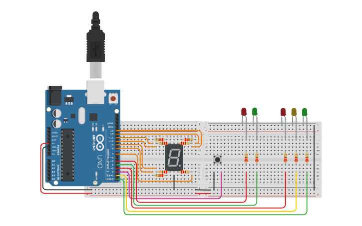 Circuit design Compart_Aula 05 - Semáforo Completo com Display (Cátodo Comum) - Tinkercad