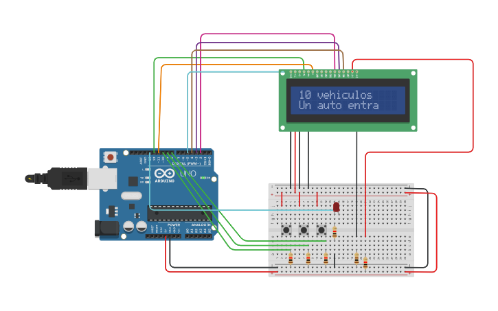 Circuit design Act Entrada y Salida de vehiculos - Tinkercad
