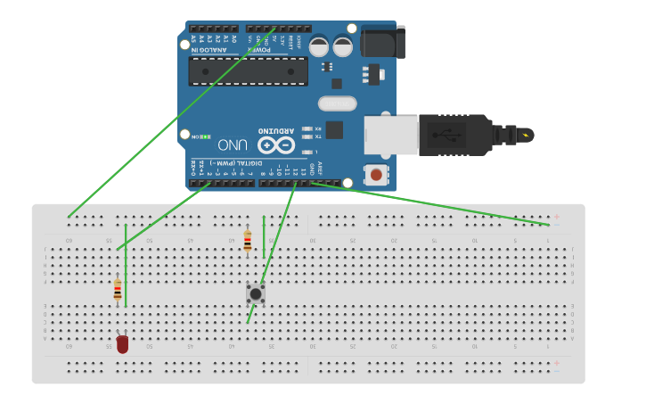 Circuit design PUSH BUTTON E LED | Tinkercad