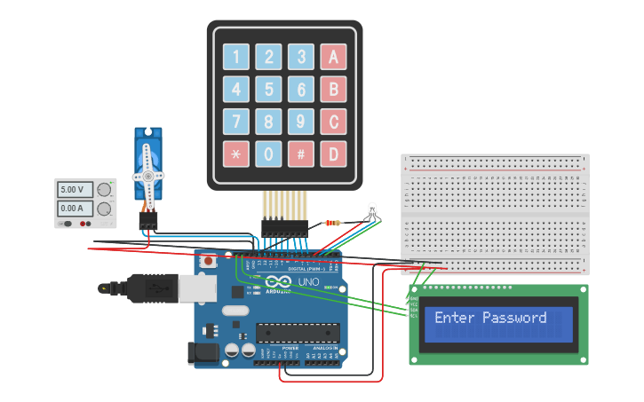 Circuit design password lock with lcd display - Tinkercad