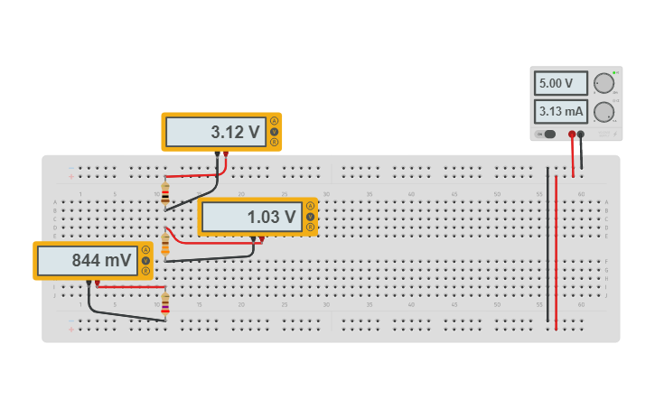Circuit design practica #8 medición de resistencias voltaje - Tinkercad