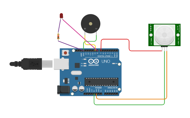 Circuit design PIR Sensor with piezo - Tinkercad