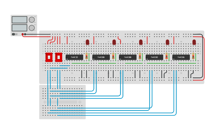 Circuit design Exp 2b.A - All 5 gates in one circuit - Tinkercad
