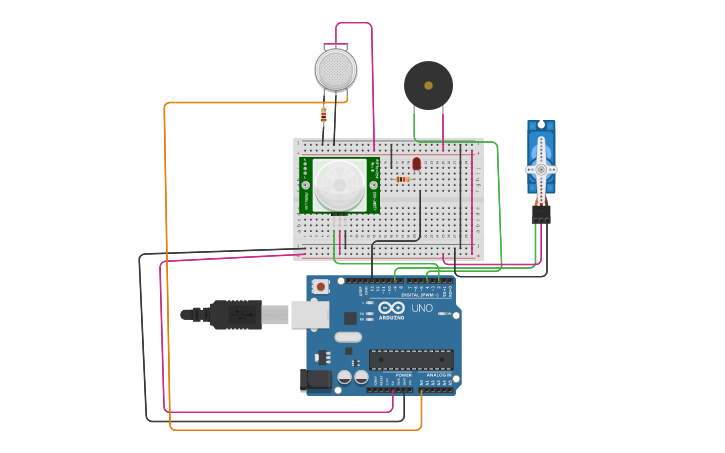 Circuit design Use Gas sensor, Buzzer, LED, PIR sensor, and Servo motor ...