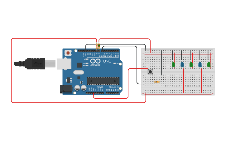 Circuit design Led controller with one button - Tinkercad