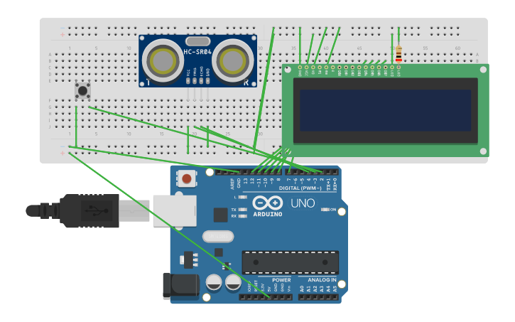 Circuit design HCSR04 + LCD + button | Tinkercad