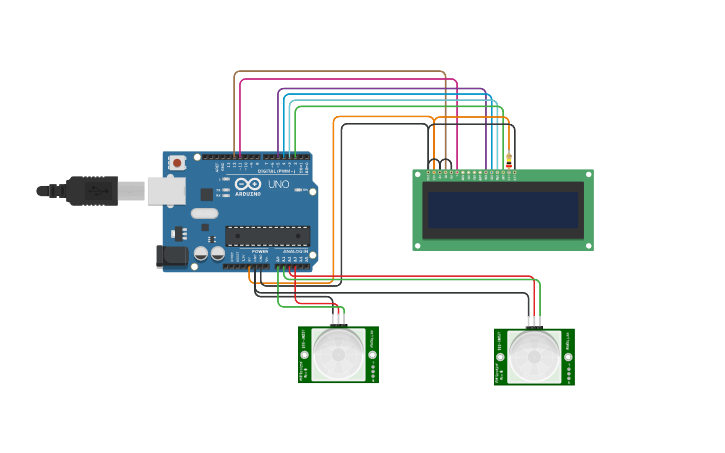 Circuit design Bidirectional Visitor Counter using PIR+LCD - Tinkercad