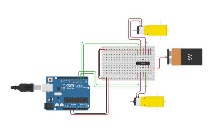Circuit design L293D Motor 8.9 Serial + - control -- Arduino cookbook | Tinkercad